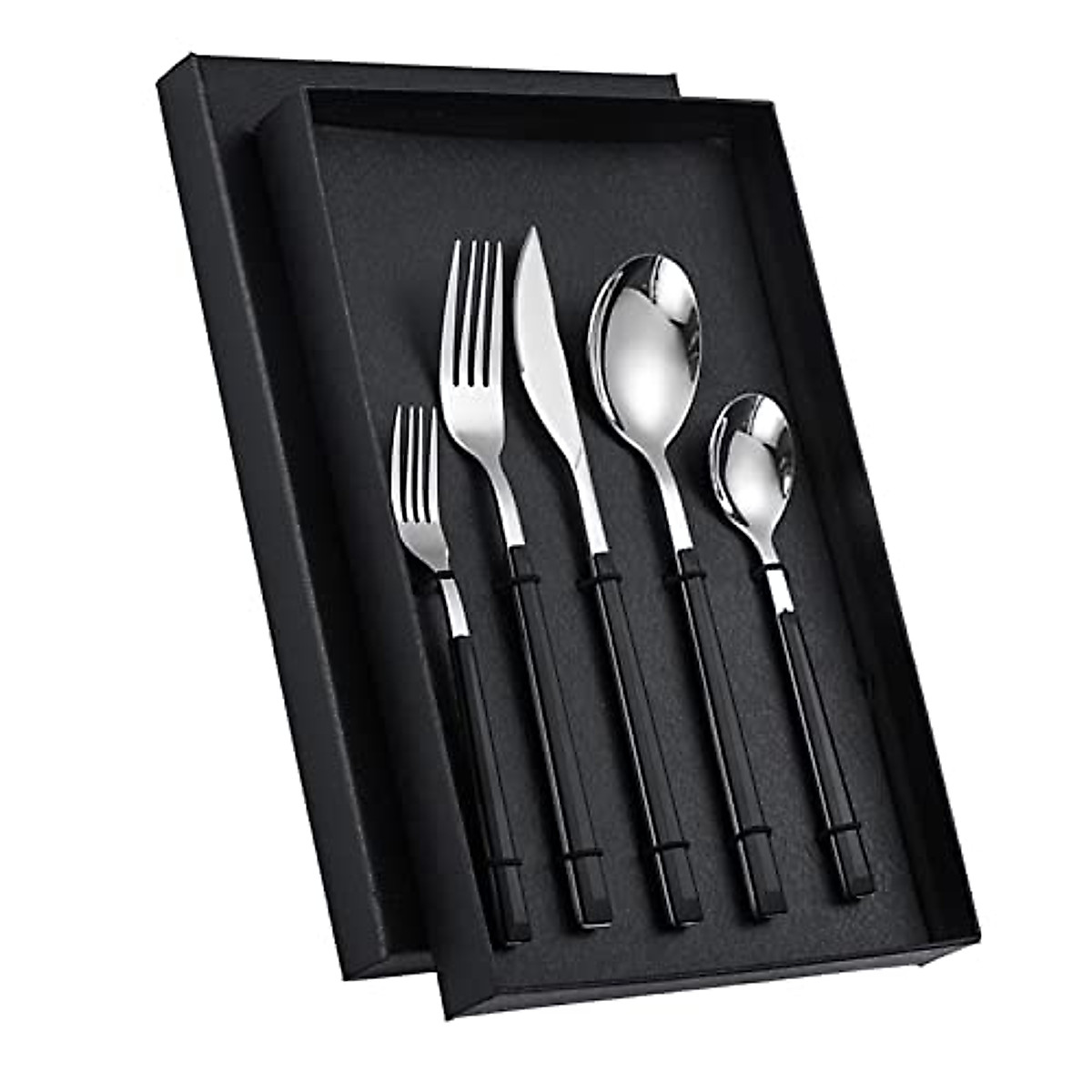 Kitchen Utensils Set, 5 Pcs Tableware Cutlery Set Stainless Steel Restaurant Dishwasher Dinner Knives Forks Spoons Eating Utensils High Hardness Flatware Set (Black Handle)