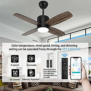 Ohniyou 38'' Ceiling Fan with Lights Remote Control - Small Outdoor Ceiling Fans with Light for Patio APP Control - Dimmable Quiet DC Ceiling Fan for Sunroom Screen Porch Living Room Bedroom(Black)