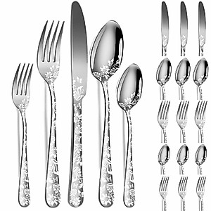 Vilihkc 20 piece Unique Pattern Design Silverware Set, Stainless Steel Flatware Set Service for 4, silver Cutlery Set, Mirror Polished Utensil Set for Kitchen, Dishwasher Safe