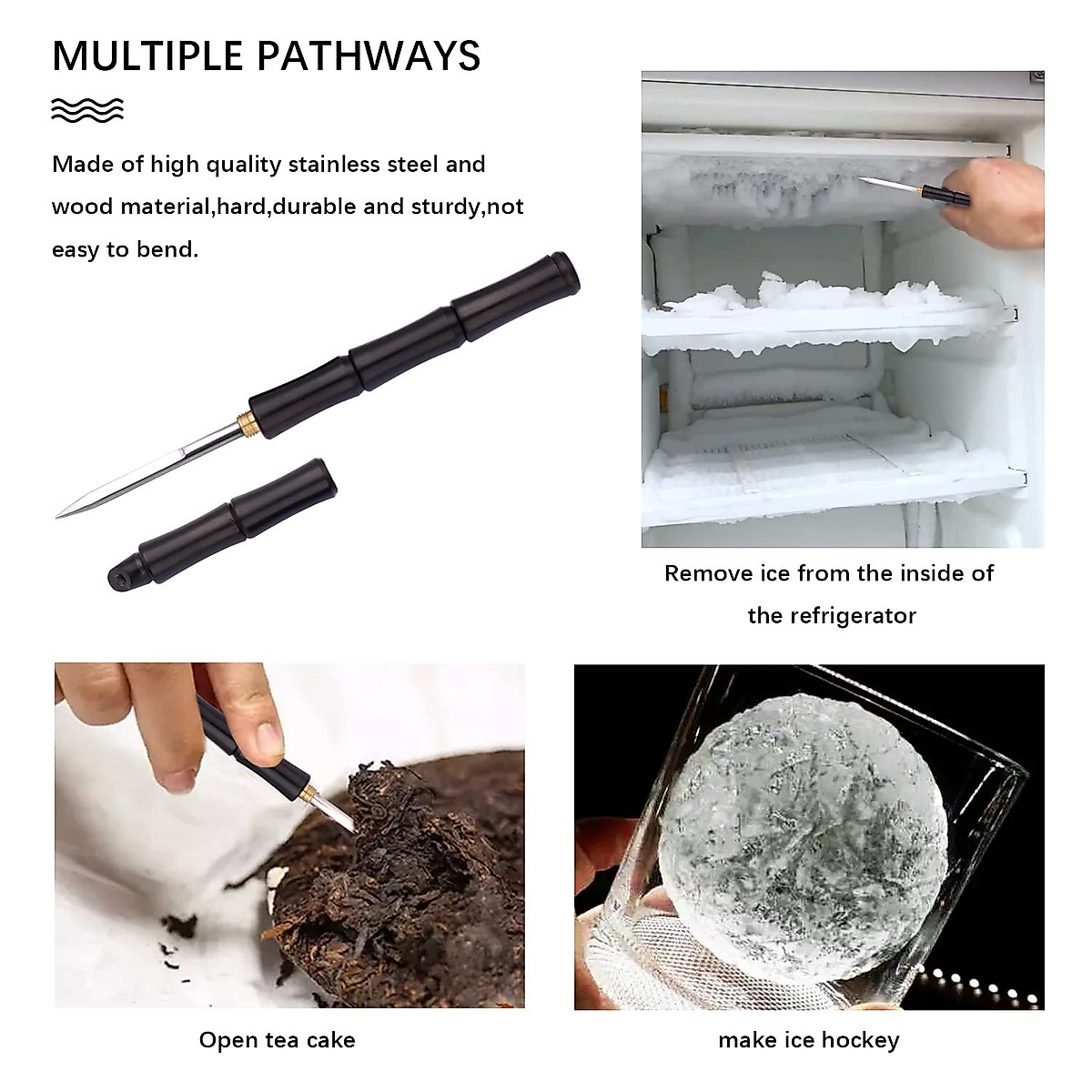 304 Stainless Steel Ice Pick Puer Puerh Tea Knife Tea Cake Pick Tool with Safety Cover Solid Bamboo Handle for Breaking Ice Kitchen Tool, Bartender, Picnics, Camping (Black)