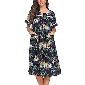 Ekouaer House Dress for Women with Pockets Button Front Duster Housecoat Short Sleeve Nightgown Dress Floral Woven Lounger Robe, Navy, Large