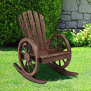 KINTNESS Wagon Wheel Wood Rocking Chair Outdoor Furniture Patio Chairs Armrest Rocker for Garden