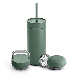 Fellow 16 oz Carter Bundle (3 in 1) Travel Mug with Carry Handle, Move & Cold Lids with Straw - To-Go Coffee Tumbler, Ceramic Interior & Vacuum-Insulated Stainless Steel - Coffee Cups-Smoke Green
