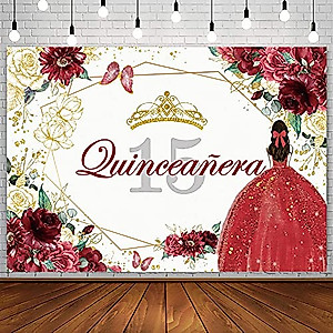 Sendy 7x5ft Quinceanera 15th Birthday Backdrop for Sweet Girl Mis Quince Anos Party Decorations Red and Gold Glitter Floral Crown Butterfly Banner Photography Background Cake Table Props