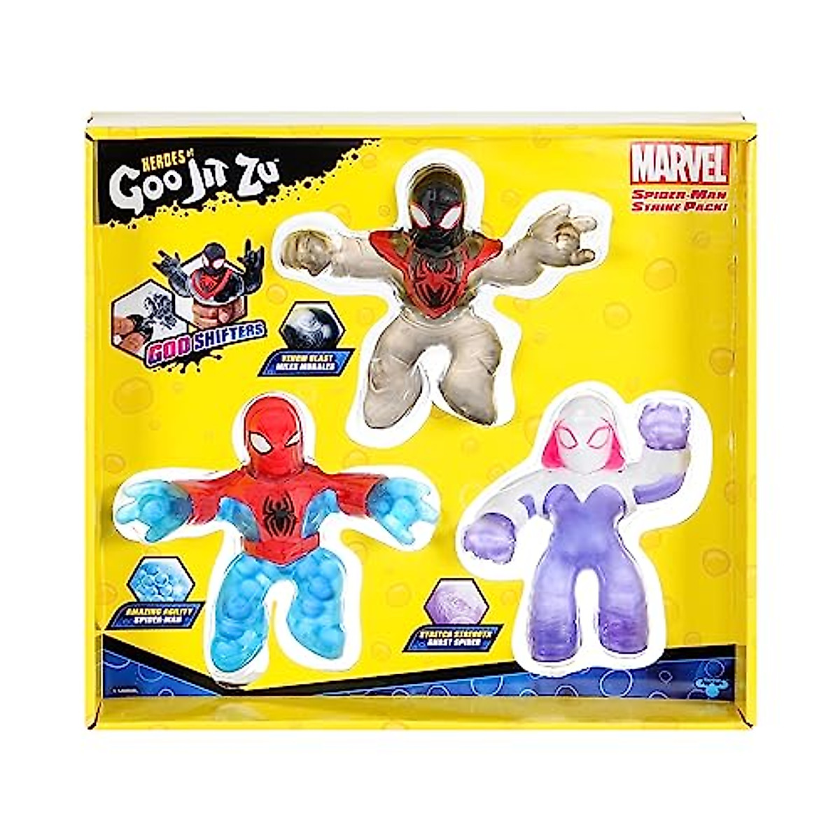 Heroes of Goo Jit Zu Goo Shifters Marvel Spider-Man Strike Pack. 3 Exclusives: Amazing Agility Spider-Man, Stretch Strength Ghost Spider and Goo Shifter Venom Blast Miles Morales | Amazon Exclusive