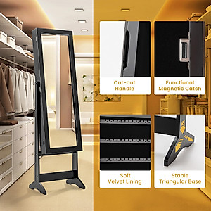 LOKO Freestanding Jewelry Armoire Cabinet, Jewelry Organizer with Full Length Mirror, Standing Makeup Mirror Cabinet w/ 3 Adjustable Angles & Large Storage Capacity, for Bedroom Dressing Room (Black)