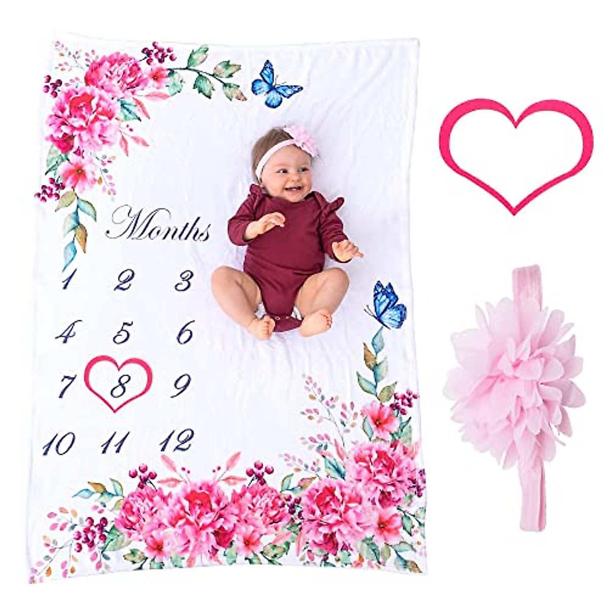 Bliss n' Baby Monthly Milestone Blanket for Baby Girl - Perfect Baby Age Blanket with Growth Chart Blanket - New Moms Set, Wrinkle Free, Washable, Dryable, Red Heart Wreath & Pink Headband- 54"x40"