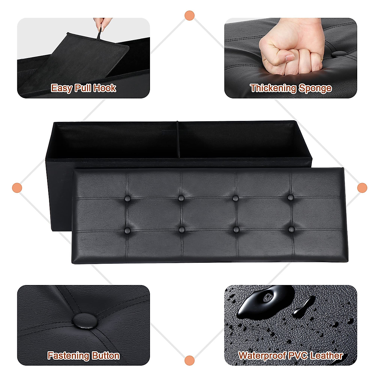 SUPER DEAL 43 Inches Folding Storage Ottoman Bench, Faux Leather Long Shoes Bench with Divider Padded Seat Couch Footrest Storage Box for Bedroom Entryway, 660 lbs Capacity 43"x 15"x 15", Black