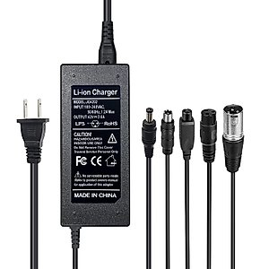 42V 2A Charger 5 Plugs for Scooter 36V Lithium Battery, Pack DC 5.5 * 2.1 with 8mm 3 Prong Connector /12mm 3 Prong Connector /8mm RCA Connector/ 3-Pin Male XLR Connector