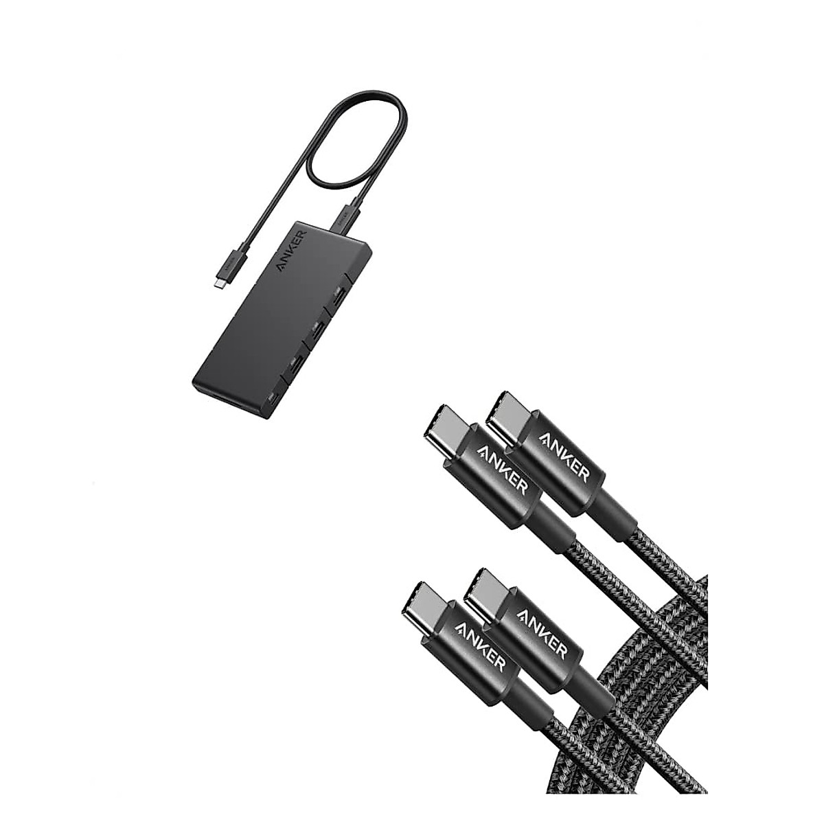 Anker 364 USB C Hub (10-in-1, Dual 4K HDMI) with Max 100W Power Delivery, Dual 4K@60Hz HDMI Ports, 4 USB-A and USB-C Data Ports & USB C Cable, New Nylon USB C to USB C Cable (6ft 60W, 2-Pack, USB 2.0)