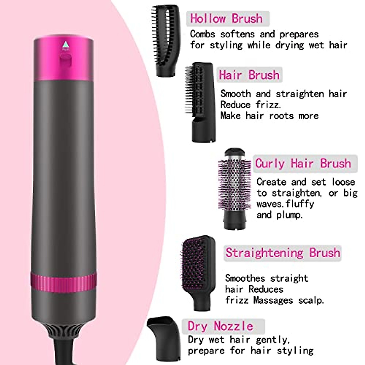 5 in 1 Hair Dryer Brush, Hot Air Brush & Volumizer Styler Set with Interchangeable Brush Head, Negative Ionic Blow Dryer, Electric Hair Curler Straightener Brush, Girlfriend Gifts
