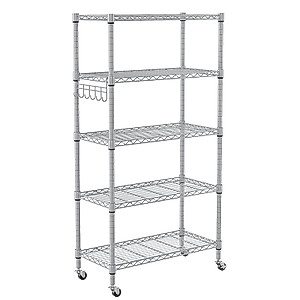 Homdox 5 Tier Adjustable Rolling Storage Shelves, Heavy Duty Wire Storage Racks and Shelving, Metal Shelves for Storage with Side Hooks for Pantry Closet Kitchen Garage Organization, Silver Gray