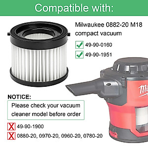 4 Pack Vacuum Filter Replacement Compatible with Milwaukee 49-90-0160, 0882-20 M18 Compact Vacuum Wet Dry Cartridge Filters Washable and Reusable