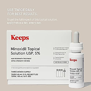 Keeps Extra Strength Minoxidil for Men Topical Hair Growth Serum, 5% Solution Hair Loss Treatment - 3 Month Supply (3 x 2oz Bottles with Dropper) - Slows Hair Loss & Promotes Thicker Hair Regrowth