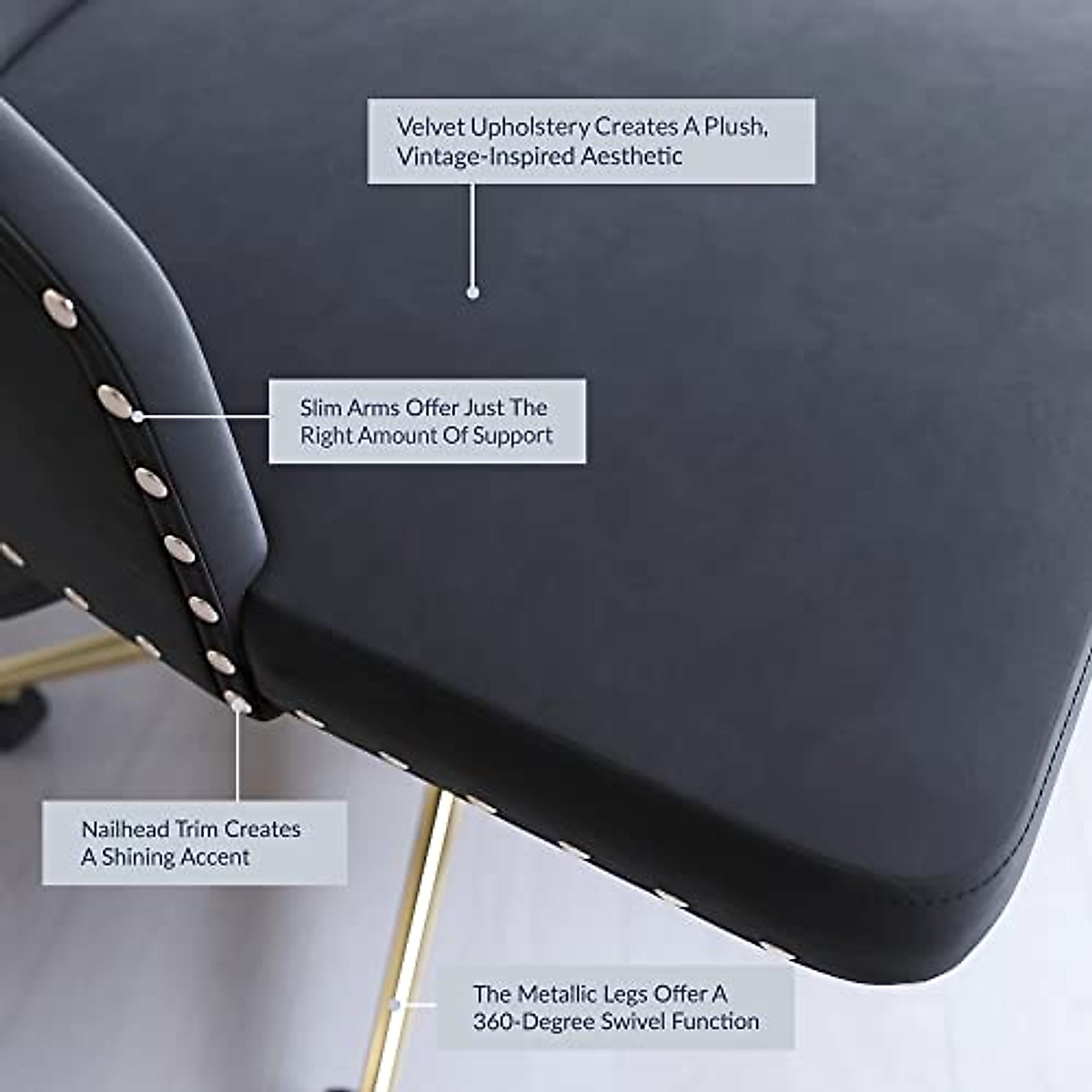 BELLEZE Modern Velvet Desk Chair for Home Office or Bedroom Vanity, Tufted Upholstered Seat with Slim Arms, Adjustable Height, Swivel, Wheels - Belden (Black)