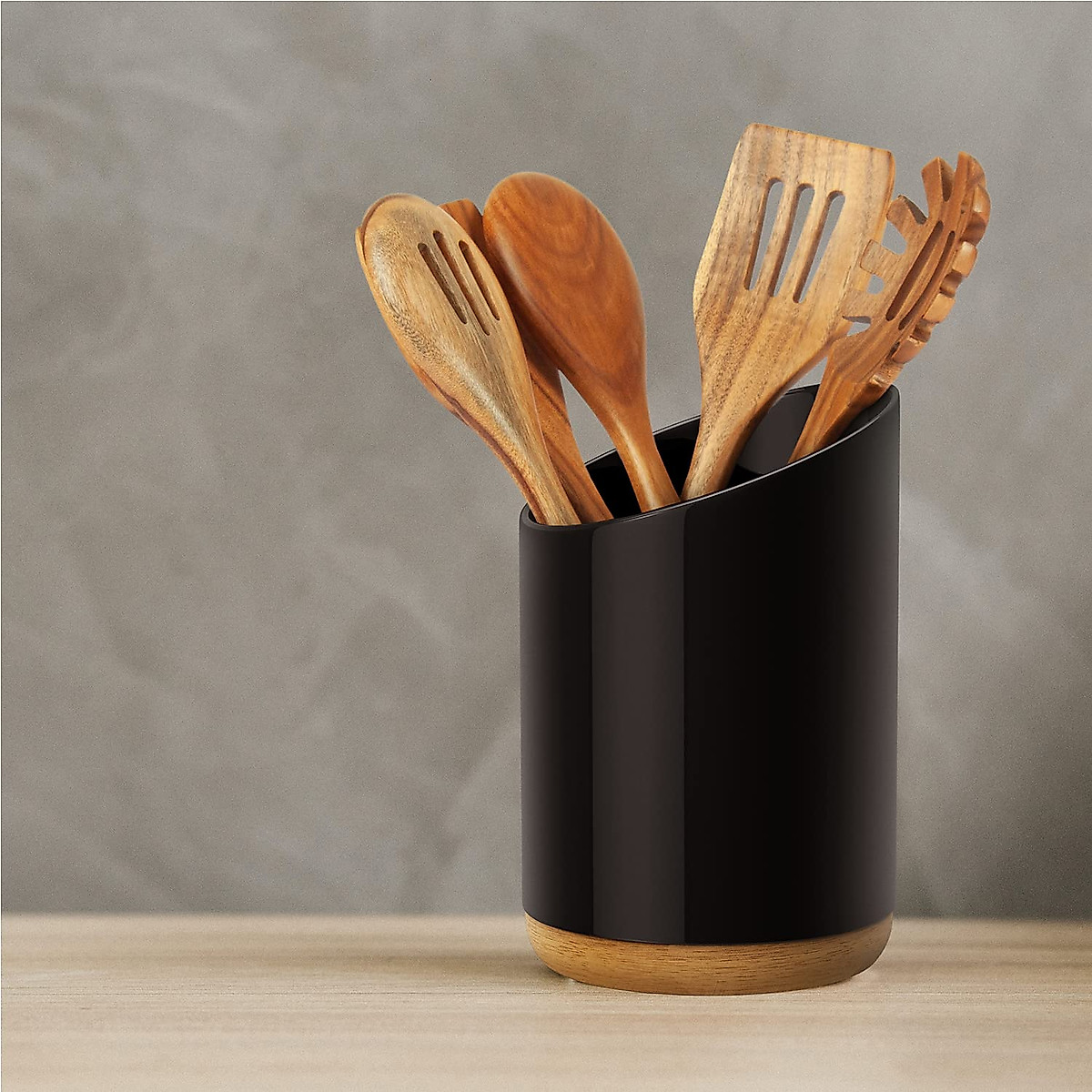 KARRYOUNG Ceramic Utensil Holder for Kitchen Countertop – Cooking Utensil Caddy Organizer with Acacia Wooden Base,5.5 x 7.5 Inches,Black