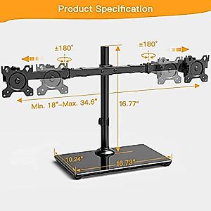 ErGear Dual Monitor Stand with Glass Base, Freestanding Height Adjustable Two Arm Monitor Mount, Heavy Duty Structure Supports Most 17-32” Monitors up to 26.4lbs, EGCM6