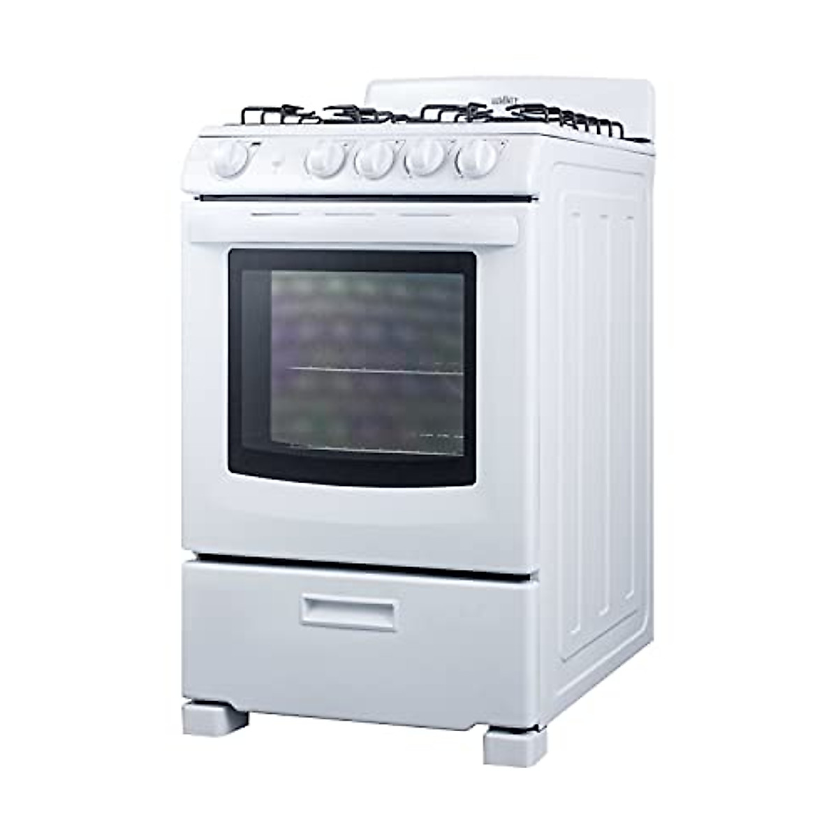 Summit RG244WS 24"" Freestanding Gas Range with 2.9 cu. ft. Oven Capacity Electronic Ignition High Backguard Broiler Drawer Continuous Grates and Safety Brake System for Oven Racks in White
