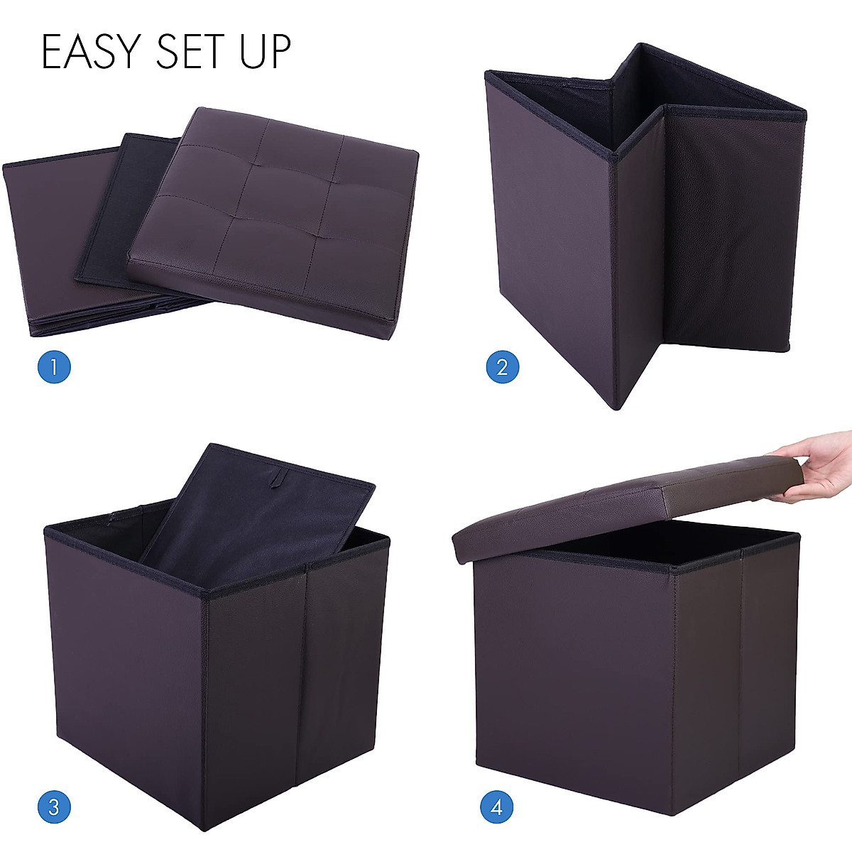 LotFancy Storage Ottoman Cube, Brown Foot Stool Ottoman,13x12x12 inch Square Ottoman with Lid, Faux Leather Seat for Dorm