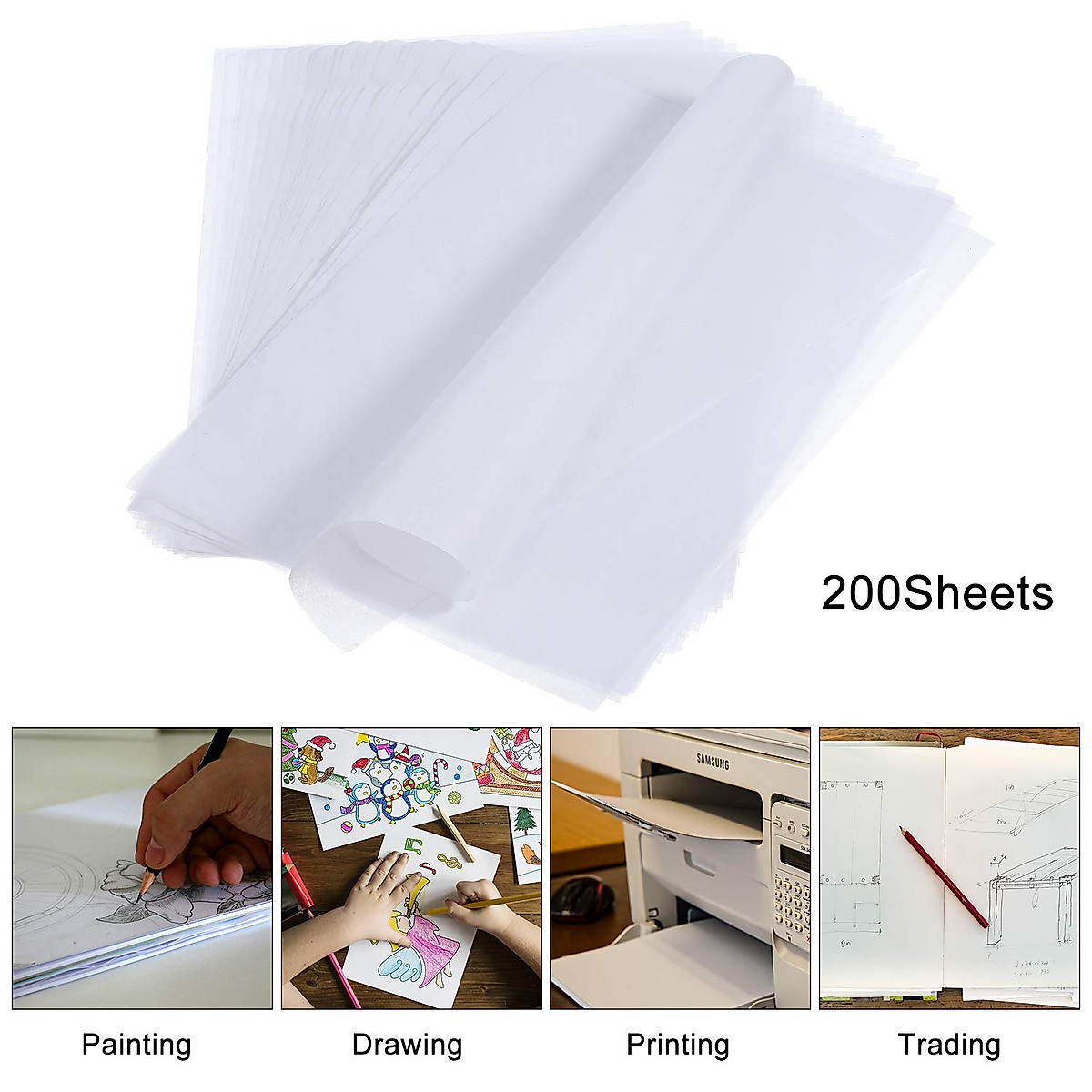 200 Sheets Tracing Paper 8.5 x 11 inches Artists Tracing Paper White Trace Paper Translucent Clear Carbon Paper for Pencil Sketching Tracing Printing Drawing Animation