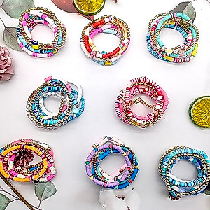 Svovin 58 Pcs Preppy Heishi Bracelets Set Colorful White Gold Heart Star Evil Eye Beaded Polymer Clay Pearl Stackable Charm Y2K Kidcore Summer Beach Bohemian Layering Bracelets Jewelry for Women