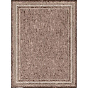 Unique Loom Outdoor Border Collection Area Rug - Soft Border (9' x 12' Rectangle, Brown/ Ivory)