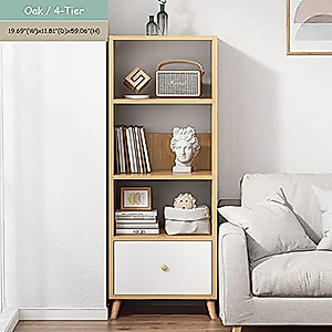 IOTXY 4-Tier Open Shelves Bookcase - 59 Inches Height Modern Floor Standing Cubes Wooden Mid Bookshelf with Storage Drawer and Legs, Oak