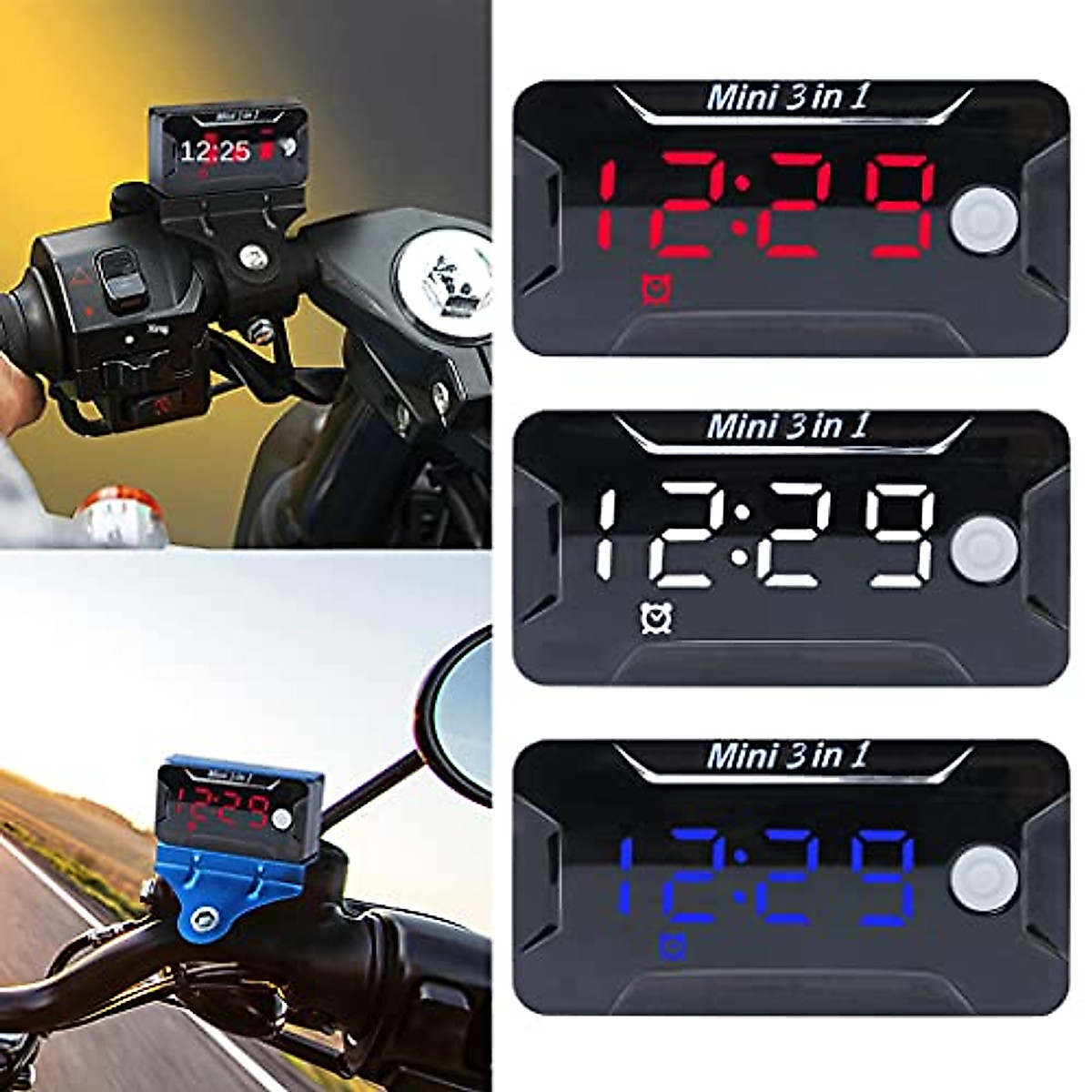 Motorcycle Digital For Time Clock + Thermometer +Voltage Voltmeter 3 In 1 Waterproof Tester Battery Moniter Gauge Digital Time Clock