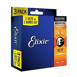 Elixir® Strings 16540 Electric Guitar Strings with NANOWEB® Coating, 3 Pack, Super Light (.009-.042)