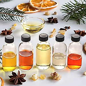 12 Pack, 2 oz Small Clear Glass Bottles with Lids & 3 Stainless Steel Funnels - 60ml Boston Round Sample Bottles for Potion, Juice, Ginger Shots, Oils, Whiskey, Liquids - Mini Travel Bottles, NO Leakage