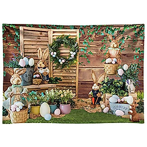 Funnytree 7x5FT Fabric Spring Happy Easter Backdrops for Photography Bunny Rabbit Grass Rustic Wood Background Baby Shower Party Supplies Decor Banner Portrait Studio Photoshoot Prop Photobooth Gift