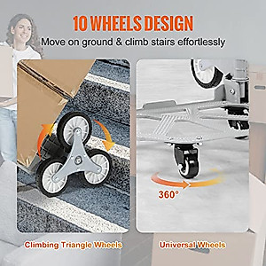 VEVOR Stair Climbing Cart, 220 lbs Load Capacity, Foldable Hand Truck with 32.3-45.7 inch Adjustable Handle Height, 4 Universal Wheels & 2 Elastic Ropes, Multipurpose Dolly for Warehouse Shopping