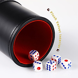 4 Pieces PU Leather Dice Cups, PU Leatherette Dice Cup Set, Red Felt Lining Quiet Shaker with 20 Dices for Craps Farkle Game Kill Time Pressure