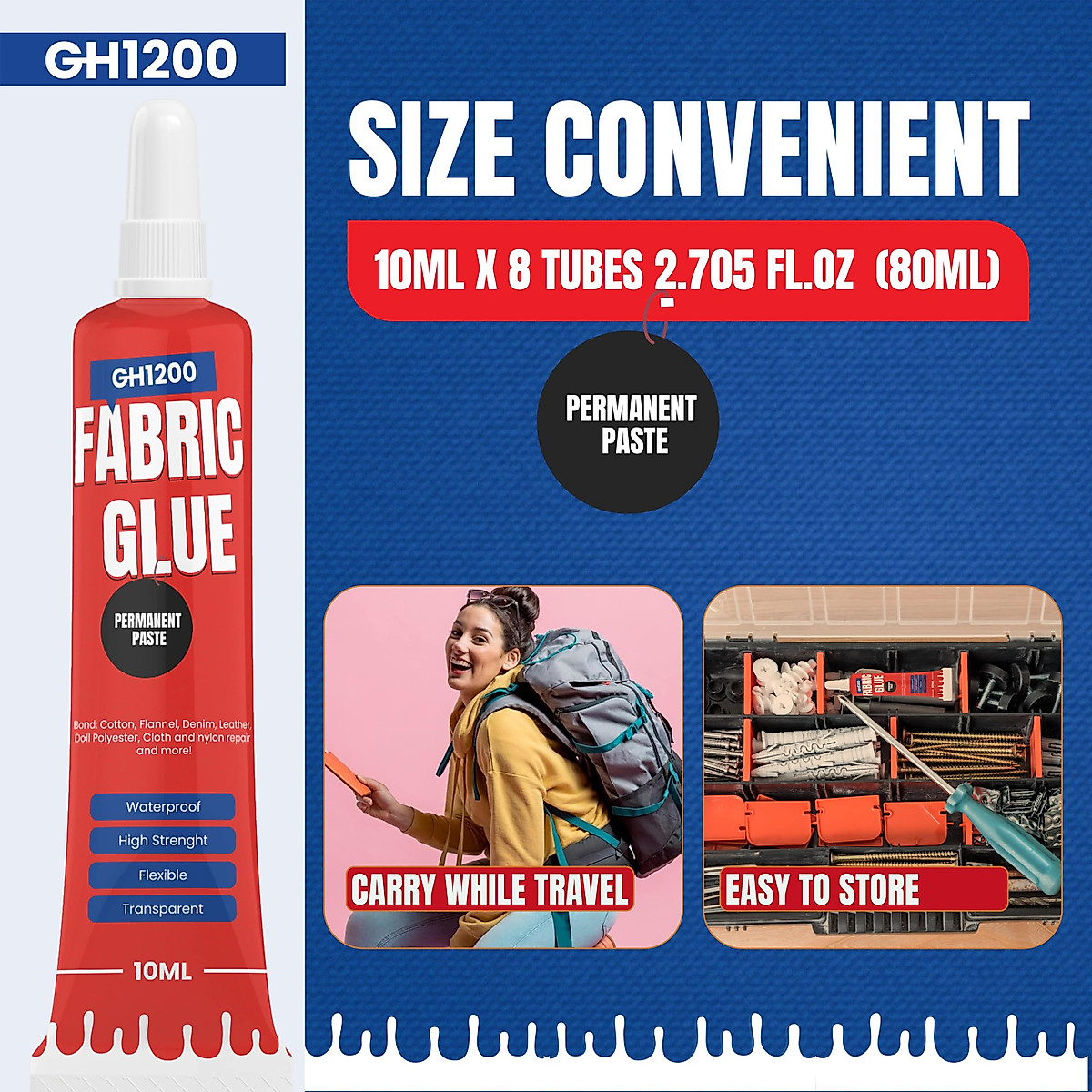 Fabric Glue Permanent (10 ML x 8), Fabric Glue for Clothing Permanent Washable for Rhinestones, Patches, Clothes, Denim, Leather, Polyester, Fabrics, Doll Repair, Flannel, Cotton & More