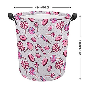 Pink Candies with Hearts Foldable Laundry Basket Waterproof Hamper Storage Bin Bag with Handle 16.5"x 16.5"x 17"