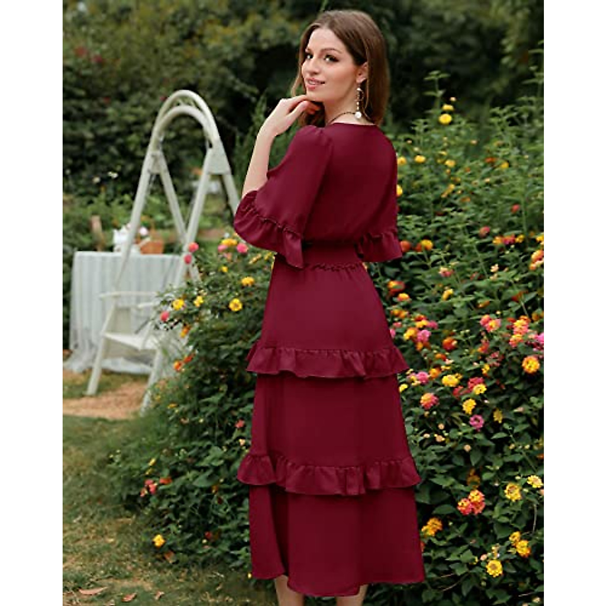 Aonour Womens 2023 Summer Wedding Casual Flutter Sleeves V Neck Flowy Cute High Waist Tiered Ruffle Midi Dress Baby Shower Amazon Modest Dresses ARC1002 Burgundy L