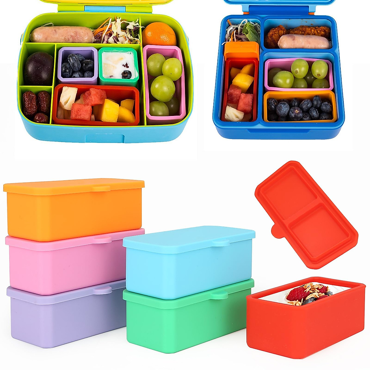 6PCS Lunch Bento Box Accessories for Kids, 4.5oz Silicone Lunch Box Dividers with Lids Small Silicone Food Storage Container for Snack Sauce Condiment Soup Yogurt Salad Dressing (Rectangular)
