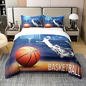 Erosebridal 100% Cotton Boys Basketball Duvet Cover Queen,Basketball Player Bedding Set for Kids,Competitive Sports Game Bed Cover,Modern Basketball Court Bed Sets with 2 Pillowcases