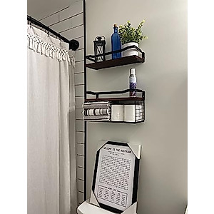 Floating Shelves for Wall Mounted, Wood Bathroom Shelves Over Toilet with Basket Set of 2, Bathroom Wall Décor Shelves, Decorative Storage Shelves for Bedroom, Living Room, Kitchen, Plants –Dark Brown