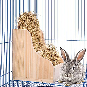 ZARYIEEO Rabbit Hay Feeder, Wooden Grass & Food 2 in 1 Double Use Dispenser, Wood Rack Manger Holder for Bunny Guinea Pig Chinchilla, Less Wasted Indoor Bowl Small Animal Pet-self Feeding Bin