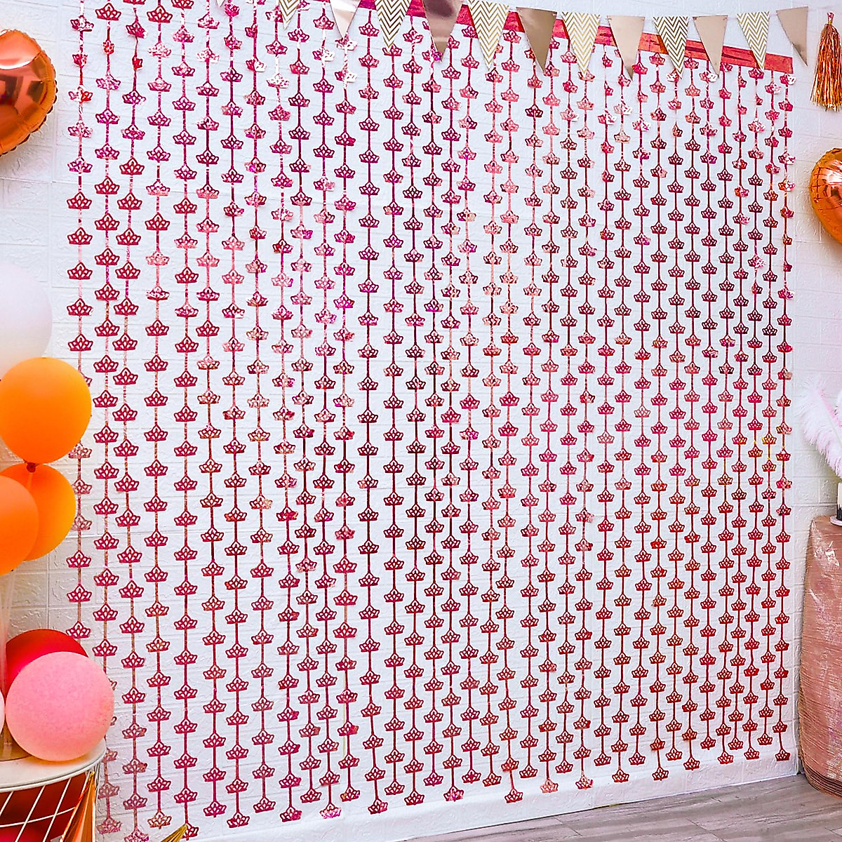 MENSTARSI Pink Party Decorations, 2 Pack Queen Crown Shaped Backdrop, 3.3x6.6 ft Foil Fringe Curtains Photo Booth Props for Birthday, Girls Princess Bridal Baby Shower Engagement Wedding Party Decor