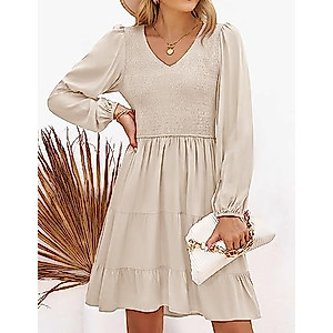 ZESICA Women's Casual V Neck Long Sleeve Smocked High Waist Ruffle A Line Tiered Mini Dress,Beige,Large