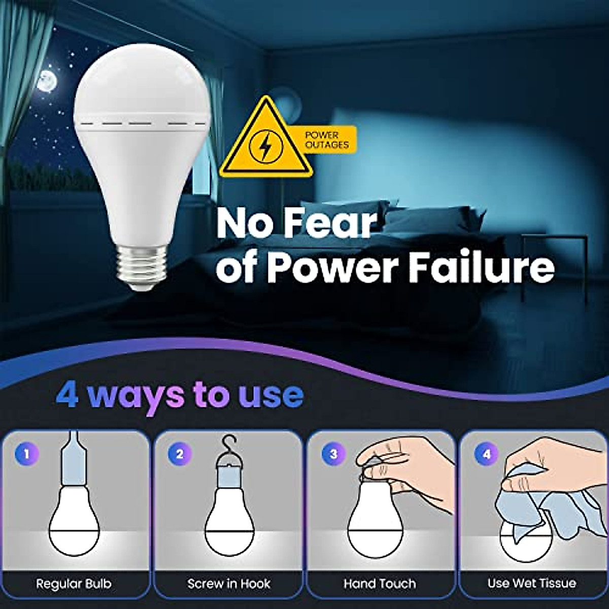 Emergency Rechargeable Led Light Bulb with Hook,Stay Lights Up When Power Failure, 1500mAh 12W 60W Equivalent LED Light Bulbs for Home, Camping, Hiking, 4 Pack