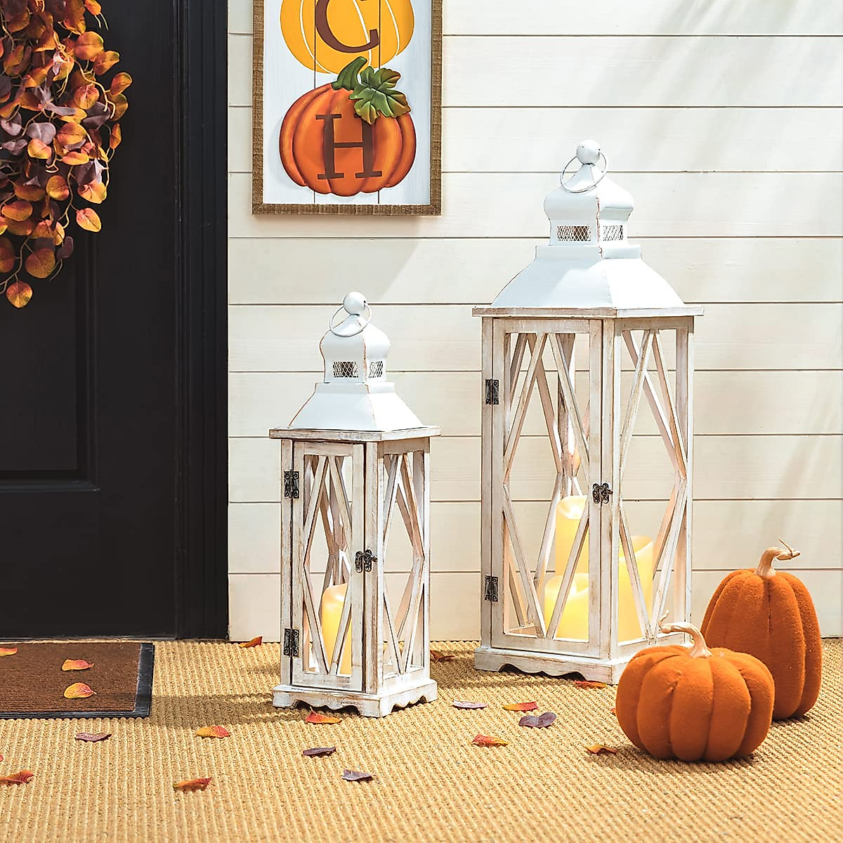 Glitzhome Farmhouse Wood Metal Lanterns Decorative Hanging Candle Lanterns White Set of 2 (No Glass)