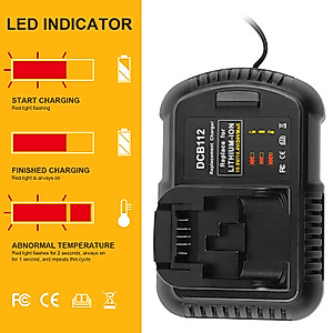 Fast Battery Charger DCB112 for Dewalt Tools 12V-20V Lithium-ion Battery DCB101 DCB105 DCB115 DCB107, Fit DCB120 DCB127 DCB206 DCB205 DCB204 DCB203 DCB201 DCB200