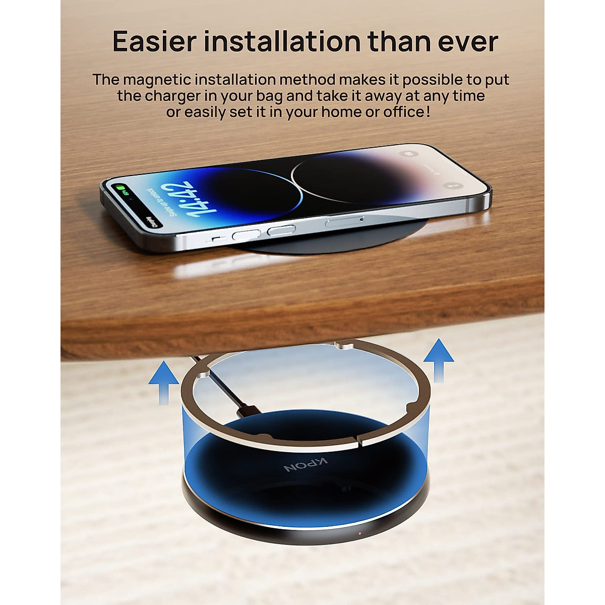 KPON Under Desk Wireless Charger, 0-30mm Invisible Wireless Phone Charger, Dual Uses On and Under Table Wireless Charging Pad for Furniture Nightstand (QC3.0 Adapter Included)