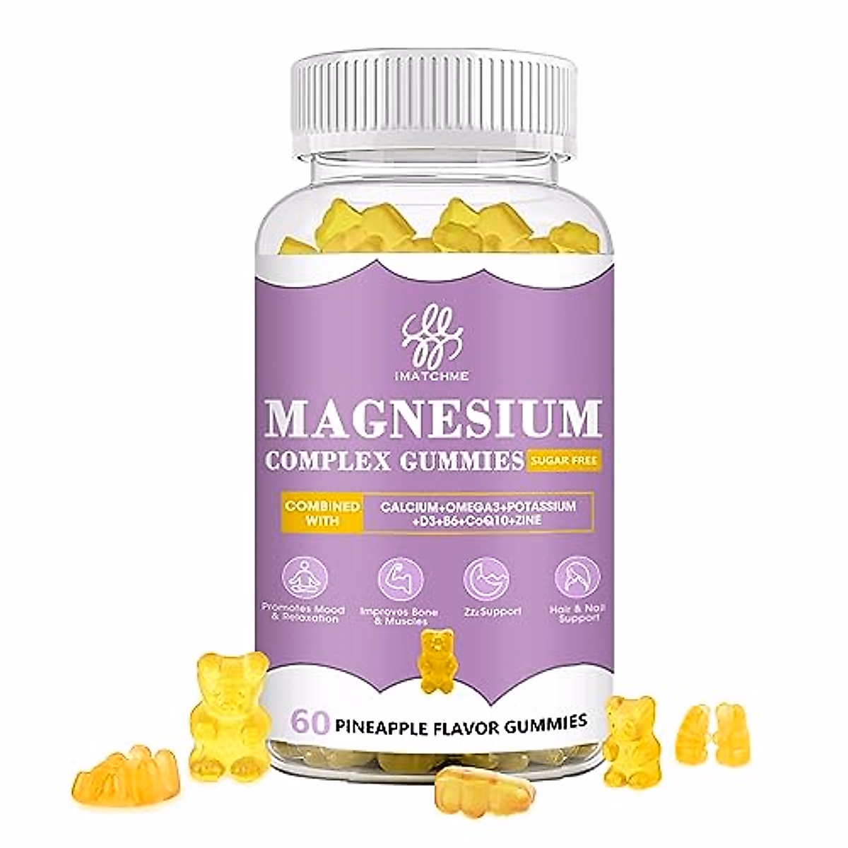 Magnesium Glycinate Gummies with Magnesium Malate, Taurate, Citrate, Magnesium Potassium Complex Supplement with CoQ10, Calcium, Supports for Memory, Bone, Calm, Sleep, 60 Pineapple Gummies