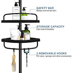 H-A Strong Shower Storage Caddy,SturdyTension Corner Pole Caddy,Commercial Grade Rustproof Bathroom Bathtub Adjustable Corner Rack (Black)