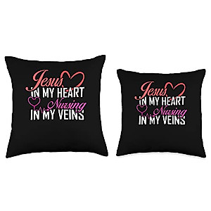 Jesus In My Heart Nursing In Veins CNA Nurse Gift Jesus in My Heart Veins | CNA Registered Nurse Throw Pillow, 16x16, Multicolor
