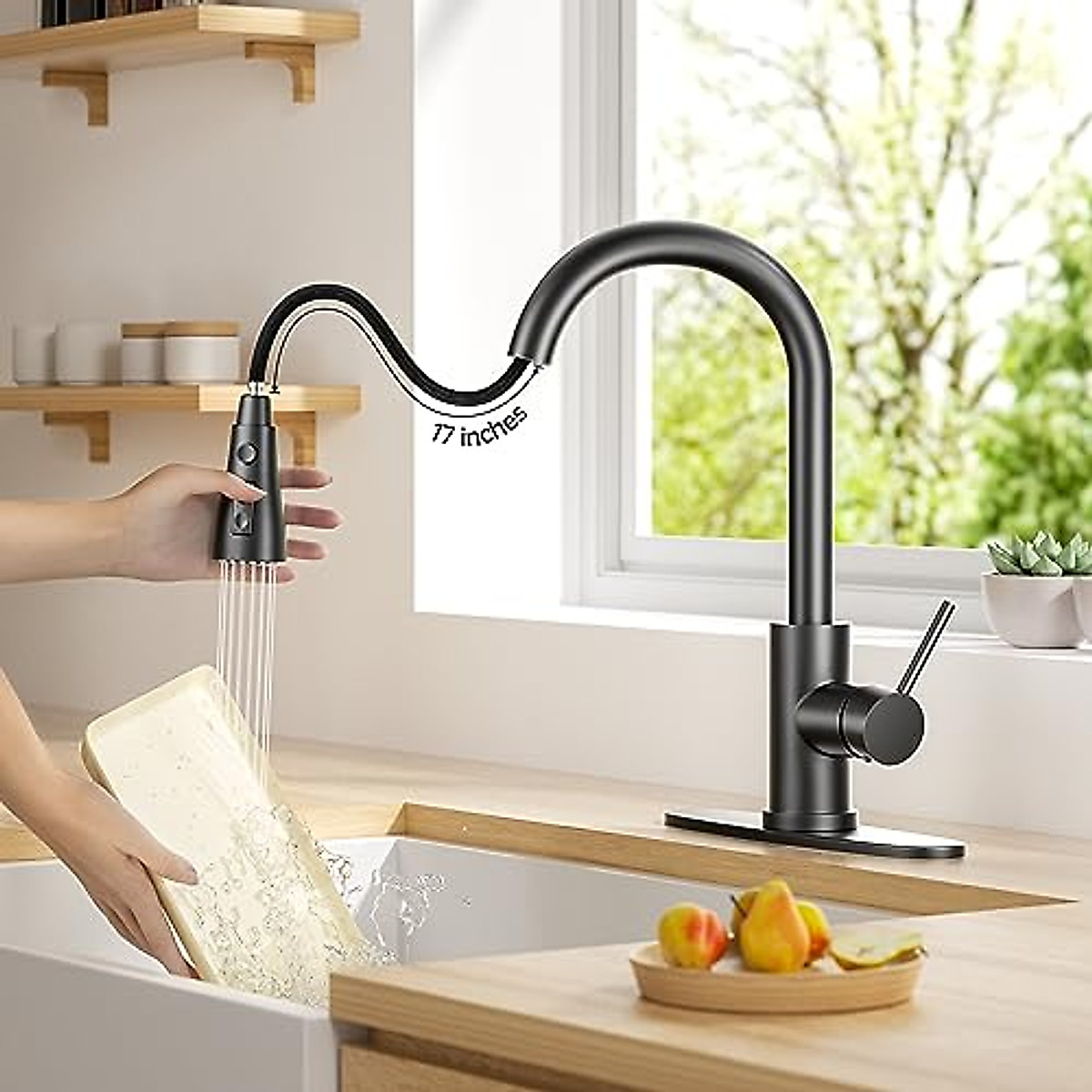 BASDEHEN Single Handle High Arc Matte Black Pull Out Kitchen Faucet, Single Level Stainless Steel Kitchen Sink Faucet with Pull Down Sprayer and 10 Inch Deck (Matte Black)